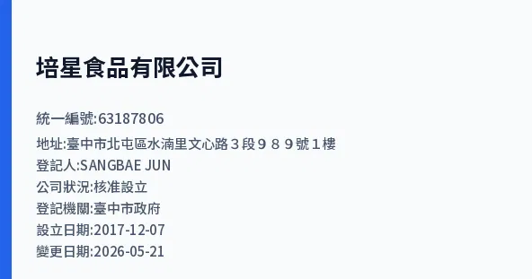 培星食品有限公司的照片-統編 63187806(臺中市) 公司登記資料與營業項目詳細圖表