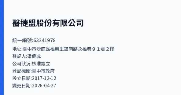 醫捷盟股份有限公司的照片-統編 63241978(臺中市) 公司登記資料與營業項目詳細圖表
