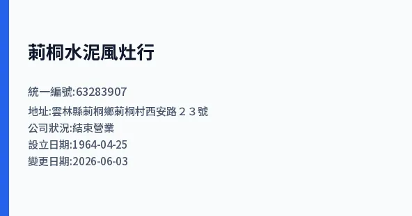 莿桐水泥風灶行的照片-統編 63283907(雲林縣) 公司登記資料與營業項目詳細圖表