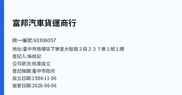 富邦汽車貨運商行的照片-統編 63306057(臺中市) 公司登記資料與營業項目詳細圖表
