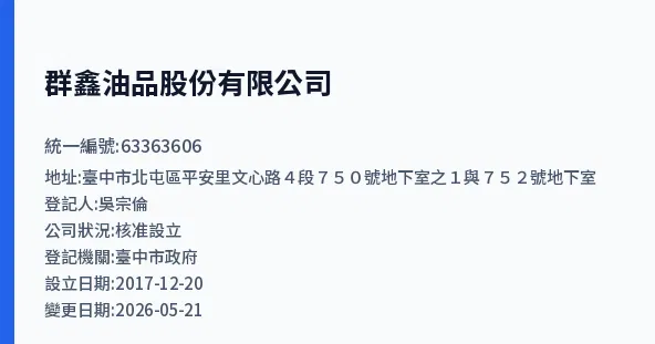 群鑫油品股份有限公司的照片-統編 63363606(臺中市) 公司登記資料與營業項目詳細圖表