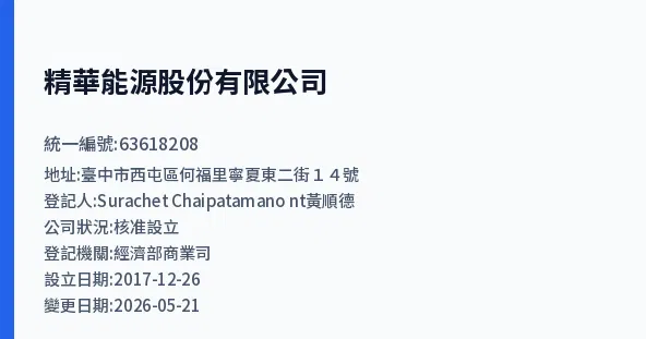 精華能源股份有限公司的照片-統編 63618208(臺中市) 公司登記資料與營業項目詳細圖表