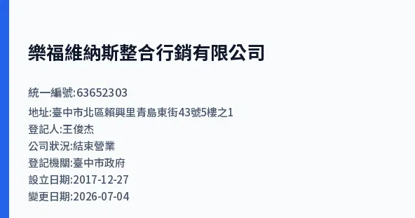 樂福維納斯整合行銷有限公司的照片-統編 63652303(臺中市) 公司登記資料與營業項目詳細圖表