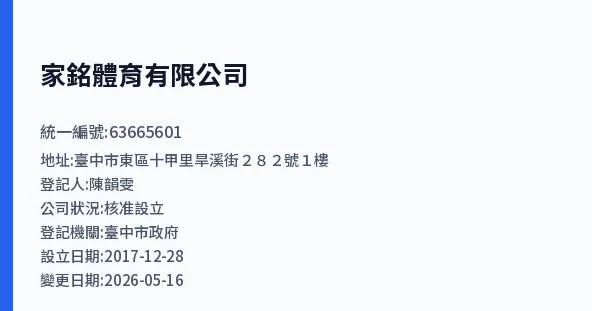 家銘體育有限公司的照片-統編 63665601(臺中市) 公司登記資料與營業項目詳細圖表