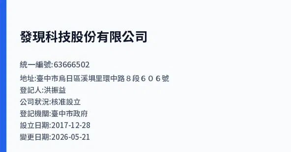 發現科技股份有限公司的照片-統編 63666502(臺中市) 公司登記資料與營業項目詳細圖表
