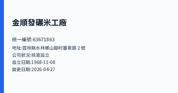 金順發碾米工廠的照片-統編 63671863(雲林縣) 公司登記資料與營業項目詳細圖表