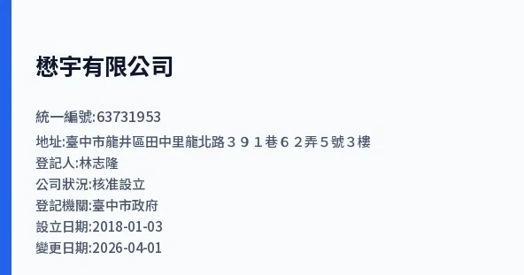 懋宇有限公司的照片-統編 63731953(臺中市) 公司登記資料與營業項目詳細圖表