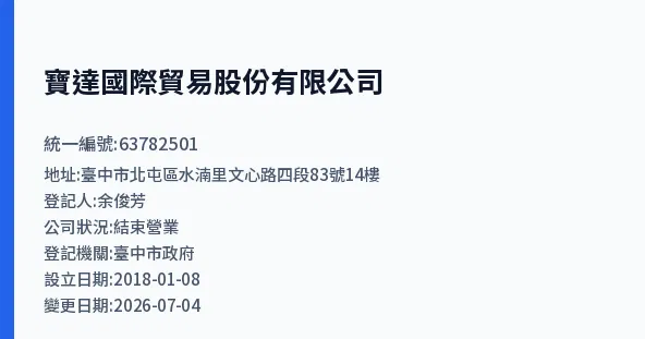 寶達國際貿易股份有限公司的照片-統編 63782501(臺中市) 公司登記資料與營業項目詳細圖表