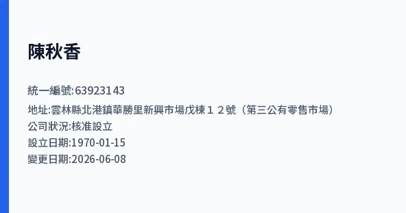 陳秋香的照片-統編 63923143(雲林縣) 公司登記資料與營業項目詳細圖表