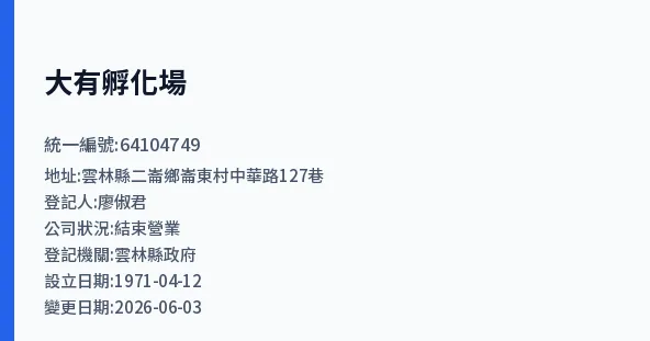 大有孵化場的照片-統編 64104749(雲林縣) 公司登記資料與營業項目詳細圖表