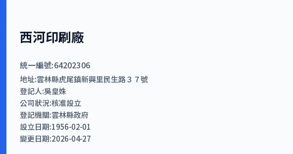 西河印刷廠的照片-統編 64202306(雲林縣) 公司登記資料與營業項目詳細圖表