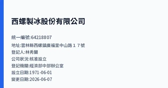西螺製冰股份有限公司的照片-統編 64218807(雲林縣) 公司登記資料與營業項目詳細圖表