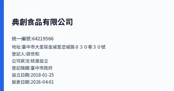 典創食品有限公司的照片-統編 64219566(臺中市) 公司登記資料與營業項目詳細圖表