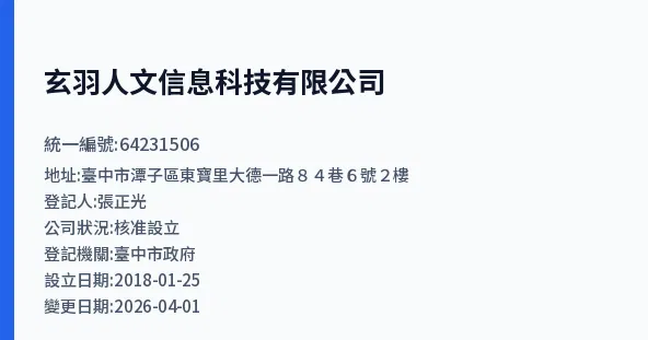 玄羽人文信息科技有限公司的照片-統編 64231506(臺中市) 公司登記資料與營業項目詳細圖表