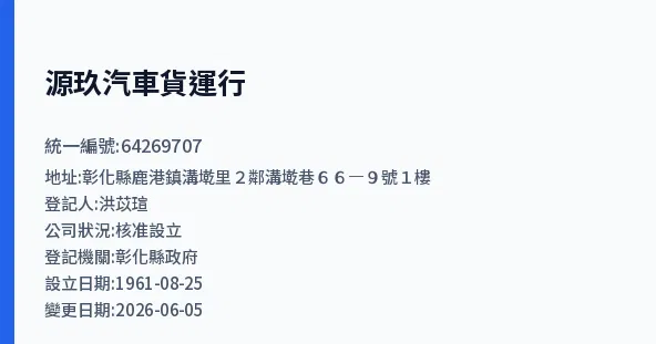 源玖汽車貨運行的照片-統編 64269707(彰化縣) 公司登記資料與營業項目詳細圖表