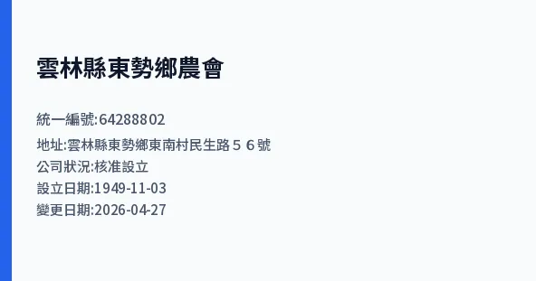 雲林縣東勢鄉農會的照片-統編 64288802(雲林縣) 公司登記資料與營業項目詳細圖表