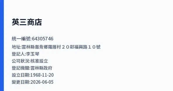 英三商店的照片-統編 64305746(雲林縣) 公司登記資料與營業項目詳細圖表