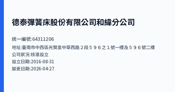 德泰彈簧床股份有限公司和緯分公司的照片-統編 64311206(臺南市) 公司登記資料與營業項目詳細圖表