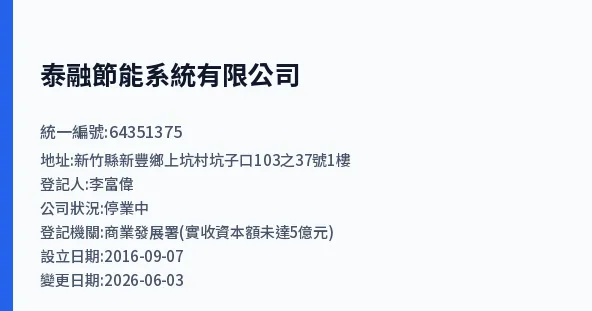 泰融節能系統有限公司的照片-統編 64351375(新竹縣) 公司登記資料與營業項目詳細圖表
