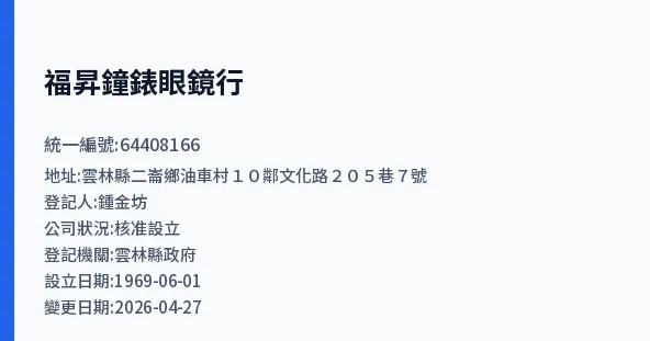 福昇鐘錶眼鏡行的照片-統編 64408166(雲林縣) 公司登記資料與營業項目詳細圖表