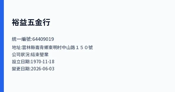裕益五金行的照片-統編 64409019(雲林縣) 公司登記資料與營業項目詳細圖表