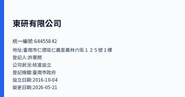 東研有限公司的照片-統編 64455842(臺南市) 公司登記資料與營業項目詳細圖表