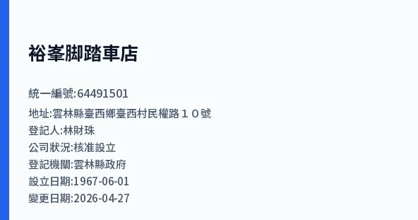 裕峯脚踏車店的照片-統編 64491501(雲林縣) 公司登記資料與營業項目詳細圖表
