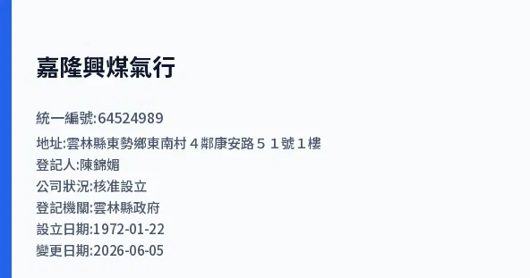 嘉隆興煤氣行的照片-統編 64524989(雲林縣) 公司登記資料與營業項目詳細圖表