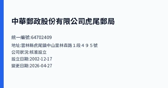 中華郵政股份有限公司虎尾郵局的照片-統編 64702409(雲林縣) 公司登記資料與營業項目詳細圖表