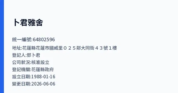卜君雅舍的照片-統編 64802596(花蓮縣) 公司登記資料與營業項目詳細圖表