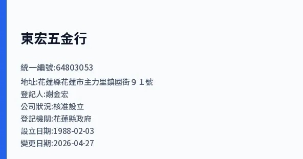 東宏五金行的照片-統編 64803053(花蓮縣) 公司登記資料與營業項目詳細圖表