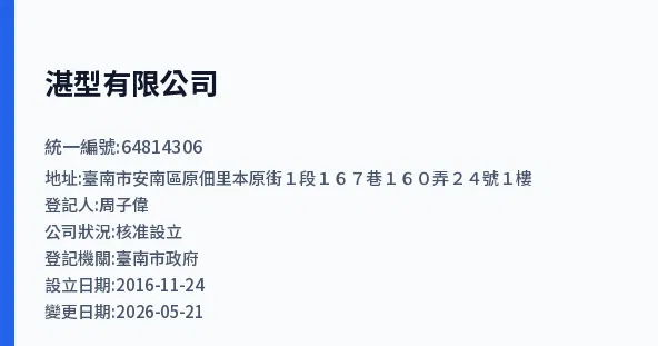 湛型有限公司的照片-統編 64814306(臺南市) 公司登記資料與營業項目詳細圖表
