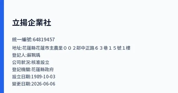 立揚企業社的照片-統編 64819457(花蓮縣) 公司登記資料與營業項目詳細圖表