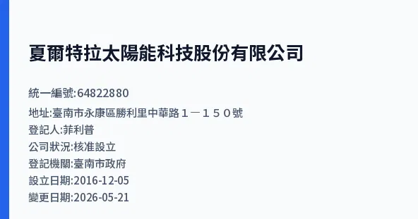 夏爾特拉太陽能科技股份有限公司的照片-統編 64822880(臺南市) 公司登記資料與營業項目詳細圖表