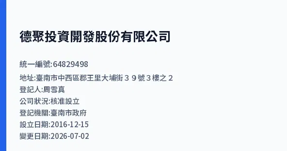 德聚投資開發股份有限公司的照片-統編 64829498(臺南市) 公司登記資料與營業項目詳細圖表