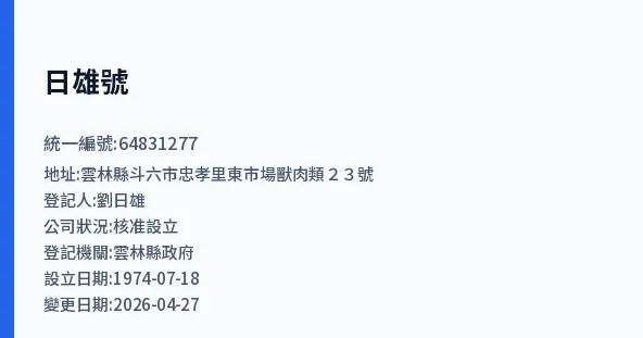 日雄號的照片-統編 64831277(雲林縣) 公司登記資料與營業項目詳細圖表