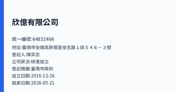 欣億有限公司的照片-統編 64832466(臺南市) 公司登記資料與營業項目詳細圖表