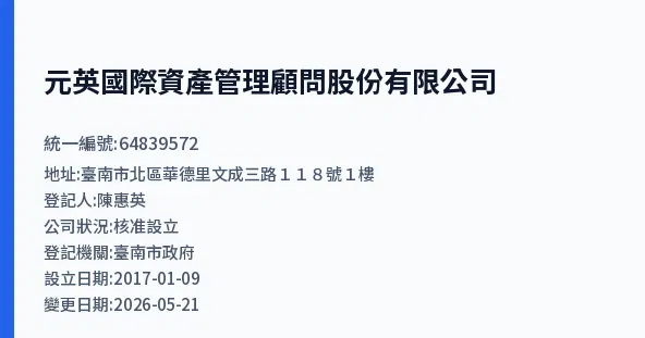 元英國際資產管理顧問股份有限公司的照片-統編 64839572(臺南市) 公司登記資料與營業項目詳細圖表