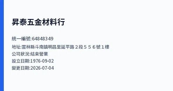 昇泰五金材料行的照片-統編 64848349(雲林縣) 公司登記資料與營業項目詳細圖表