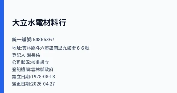 大立水電材料行的照片-統編 64866367(雲林縣) 公司登記資料與營業項目詳細圖表