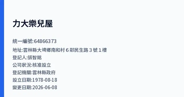 力大樂兒屋的照片-統編 64866373(雲林縣) 公司登記資料與營業項目詳細圖表