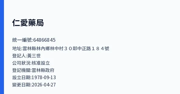 仁愛藥局的照片-統編 64866845(雲林縣) 公司登記資料與營業項目詳細圖表