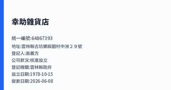 幸助雜貨店的照片-統編 64867393(雲林縣) 公司登記資料與營業項目詳細圖表