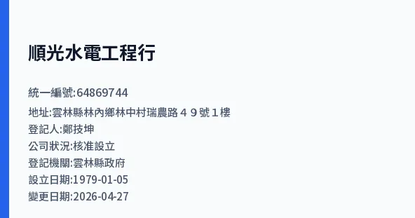 順光水電工程行的照片-統編 64869744(雲林縣) 公司登記資料與營業項目詳細圖表