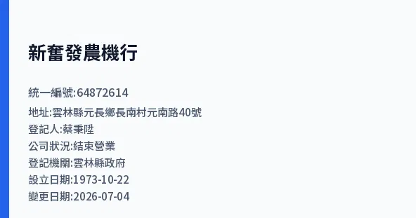 新奮發農機行的照片-統編 64872614(雲林縣) 公司登記資料與營業項目詳細圖表
