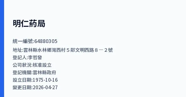 明仁葯局的照片-統編 64880305(雲林縣) 公司登記資料與營業項目詳細圖表