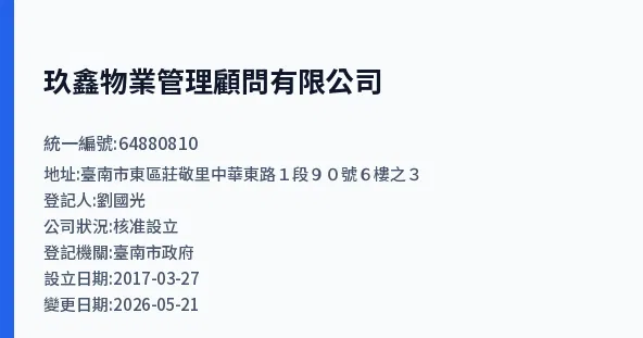 玖鑫物業管理顧問有限公司的照片-統編 64880810(臺南市) 公司登記資料與營業項目詳細圖表