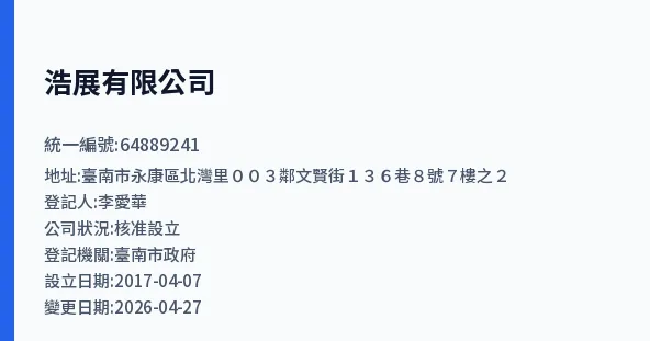 浩展有限公司的照片-統編 64889241(臺南市) 公司登記資料與營業項目詳細圖表