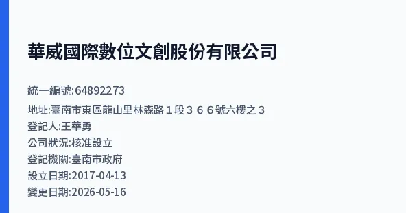 華威國際數位文創股份有限公司的照片-統編 64892273(臺南市) 公司登記資料與營業項目詳細圖表