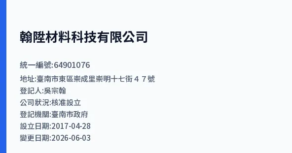 翰陞材料科技有限公司的照片-統編 64901076(臺南市) 公司登記資料與營業項目詳細圖表